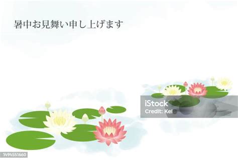 이것은 수련이 만발한 장면의 더운 여름 인사말 엽서 삽화입니다 로터스 폰드 발리에 대한 스톡 벡터 아트 및 기타 이미지