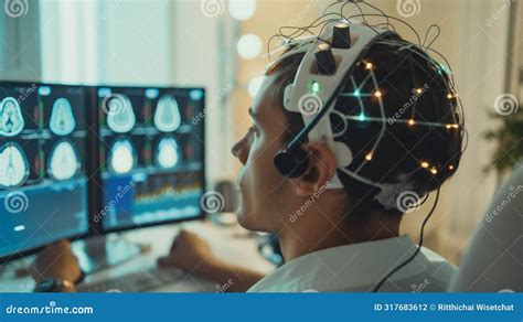 Person Wearing A Brain Monitoring Headset Analyzing Brain Scans On Computer Screens In A High