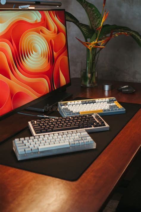 Mechanical Keyboard And A Computer Mouse Lying On The Table Next To A Monitor Home Office Setup