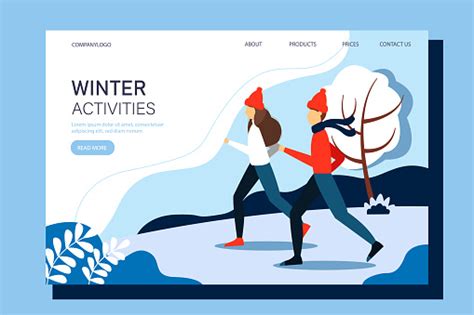 공원에서 달리는 남자와 여자 방문 페이지 템플릿입니다 활동적인 라이프 스타일 야외 레크리에이션의 개념적 삽화 평면 스타일의 겨울 그림 12월에 대한 스톡 벡터 아트 및 기타