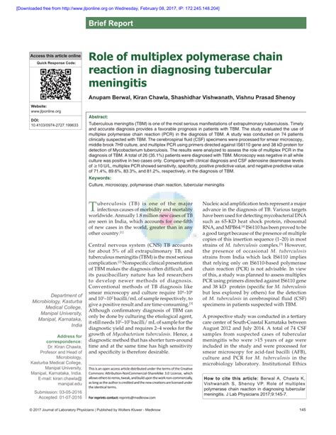 Pdf Role Of Multiplex Polymerase Chain Reaction In Diagnosing Tubercular Meningitis