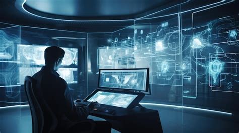 Premium Photo A Person Working At A Computer In A Dark Room With A Screen That Says Cyber