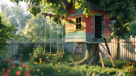 Rustic Treehouse With A Wooden Bridge Connecting To Another Tree Stock Illustration