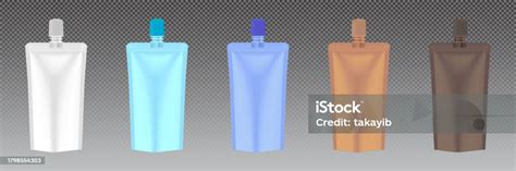 스크류 캡이 있는 Doy 팩 포장 세트 주둥이가 있는 빈 호일 음료 봉지 파우치 케첩 마요네즈 또는 머스타드 스탠드 업 도이 팩 모형 세트 흰색 파란색 보라색 갈색 및