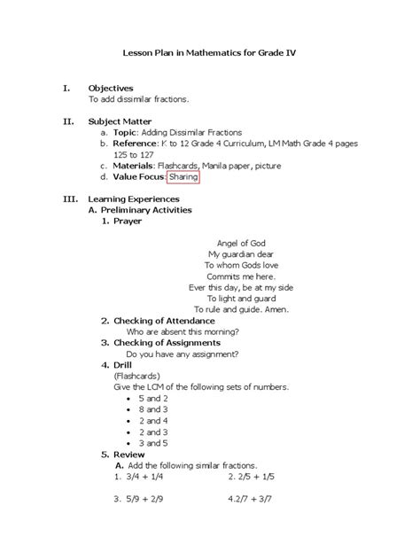 Lesson Plan In Mathematics For Grade 4 Pdf Mathematics Education