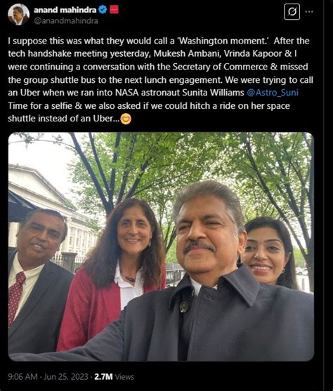 Northeast Live Industrialist Anand Mahindra Welcomes Sunita Williams Recalls Running Into Her