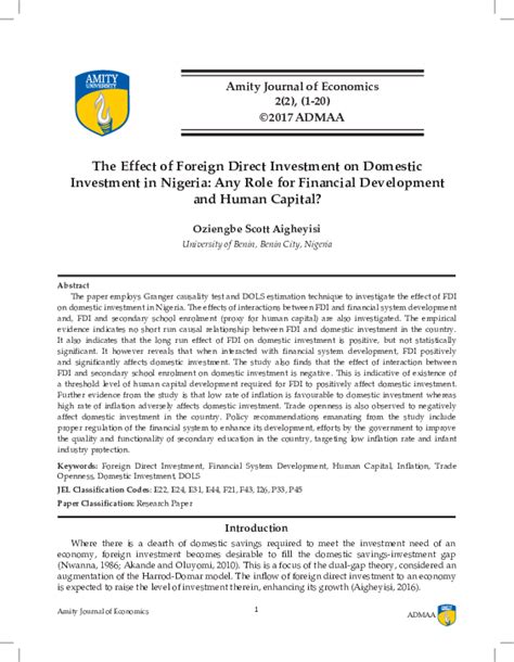 Pdf The Effect Of Foreign Direct Investment On Domestic Investment In Nigeria Any Role For