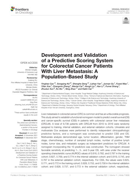 Pdf Development And Validation Of A Predictive Scoring System For Colorectal Cancer Patients
