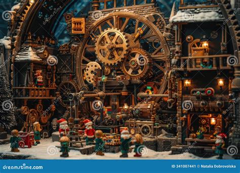 Festive Christmas Factory At The North Pole With Elves Assembling Toys