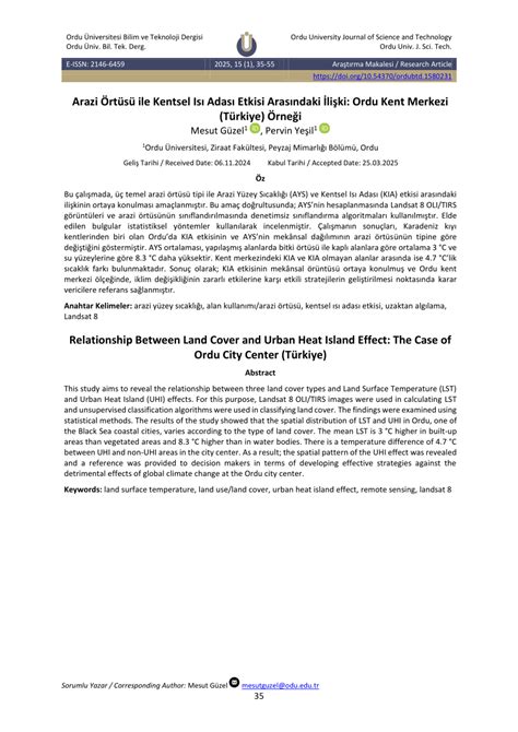 Pdf Arazi Örtüsü Ile Kentsel Isı Adası Etkisi Arasındaki İlişki Ordu