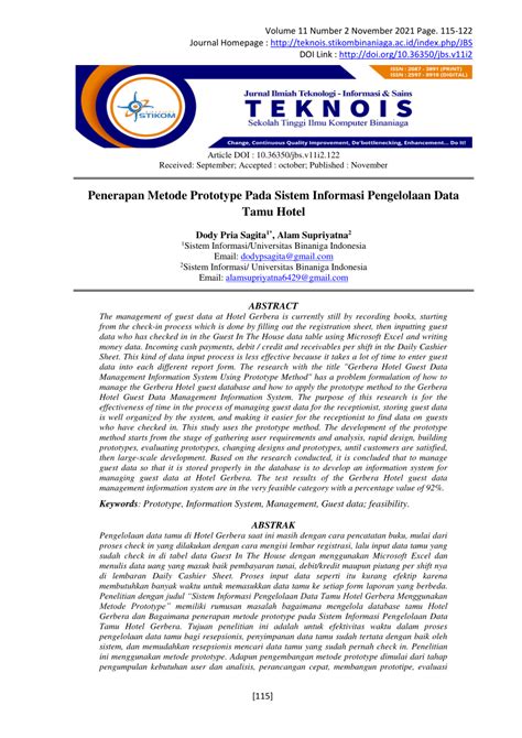 PDF Penerapan Metode Prototype Pada Sistem Informasi Pengelolaan Data Tamu Hotel