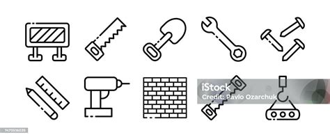 수리 라인 아이콘을 설정합니다 발굴 토양 검색 지구 금속 구덩이 힘 드릴 벽 수준 손톱 톱 크레인 그리기 로그인 건설 개념입니다 흰색 배경에 설정된 벡터 검은 선 아이콘
