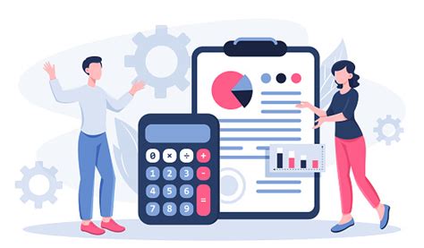 재무 감사 개념 남자와 여자가 근처에 있는 계산기와 클립보드 와 통계 금융 이해력 회계 및 예산 책정 투자 및 거래 평면 벡터 일러스트 레이 션 경영자에 대한 스톡 벡터