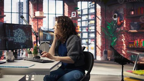 Teleworking Developer Using Computer For Artificial Intelligence Brain Computing Through Self