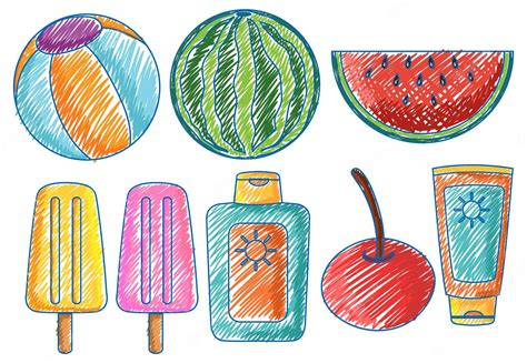 Premium Vector Summer Beach Objects In Pencil Colour Sketch Simple Style