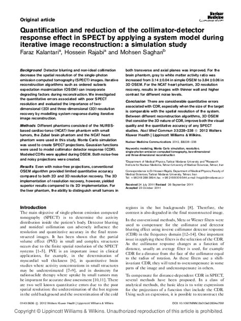 Pdf Quantification And Reduction Of The Collimator Detector Response Effect In Spect By
