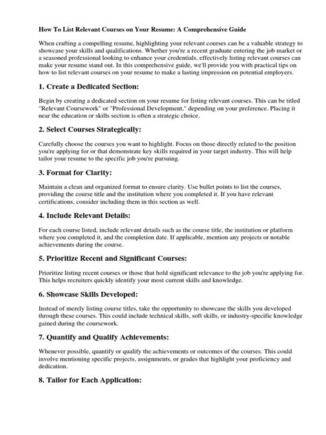 How To List Relevant Coursework On Resume Pdf Résumé Internship