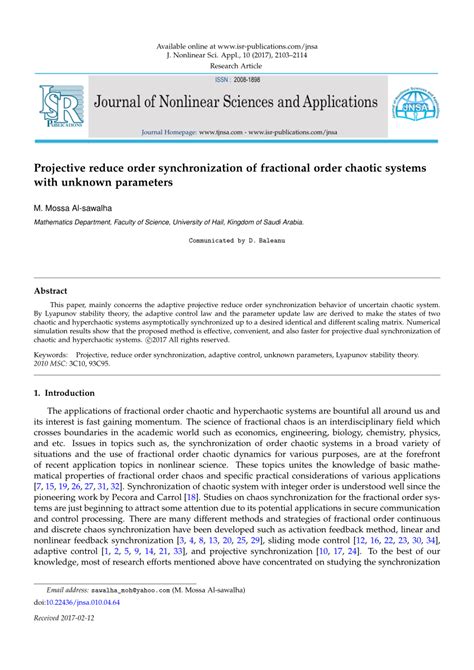 Pdf Projective Reduce Order Synchronization Of Fractional Order