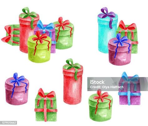 수채화 선물 상자 세트 흰색 배경에 리본이 분리 된 다채로운 선물의 손으로 그린 힙 새해 크리스마스 생일 파티에 대한 밝은 상자 그림 12월 31일에 대한 스톡 벡터 아트