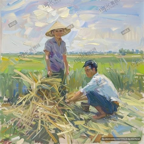 Ai创作图晒谷高清手绘 农民形象画 手绘打谷场 农忙人物画 种田收割墙绘 稻谷丰收姐弟情深 努力工作粮食系列作品 农忙一家人 广西农职院插画 水稻田油画 稻穗油画 农民精神农民工绘画 黎族丰收