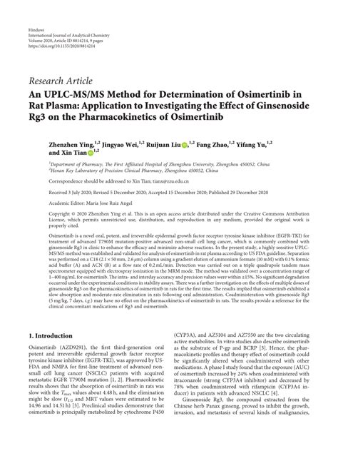 Pdf An Uplc Msms Method For Determination Of Osimertinib In Rat Plasma Application To
