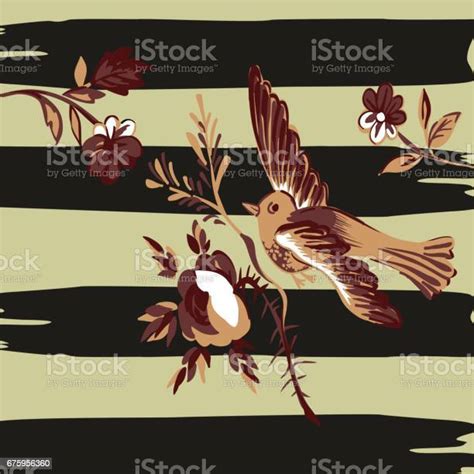 손으로 그린된 새 꽃 장미 열 대 빈티지 프린트와 비행 줄무늬 패턴 레트로 배경 벡터 일러스트 레이 션 디자인 패션 셔츠 직물 인사말 카드 초대장 웨딩에 대 한 Luau에