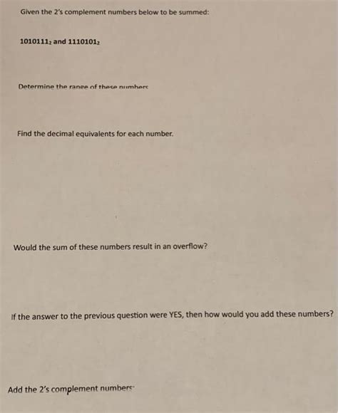 solved given the 2 s complement numbers below to be summed