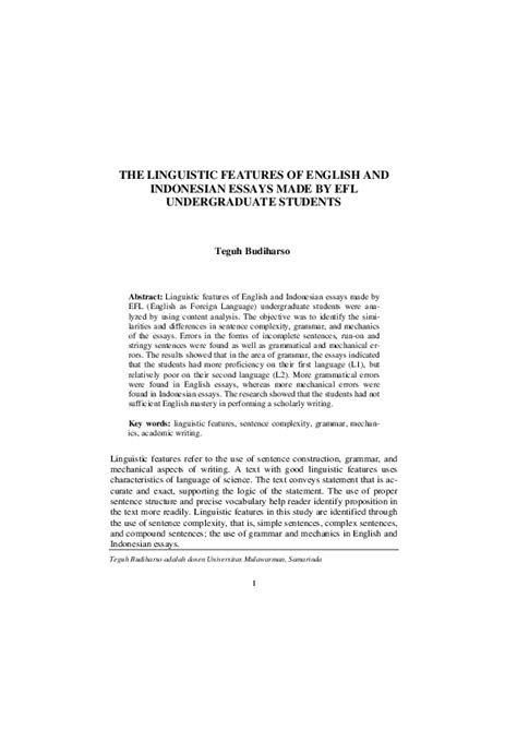 Pdf The Linguistic Features Of English And Indonesian Essays Made By