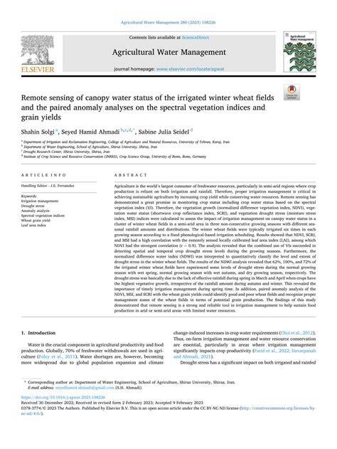 Pdf Remote Sensing Of Canopy Water Status Of The Irrigated Winter Wheat Fields And The Paired