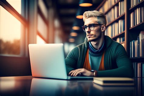 Lexica Blond Hipster Programer Working In A Library On A Laptop In A Snowy Country