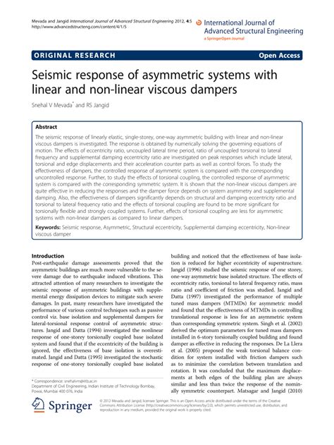 Pdf Seismic Response Of Asymmetric Systems With Linear And Non Linear Viscous Dampers