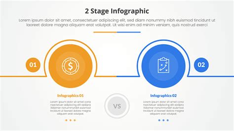 비교를 위한 2 포인트 무대 템플릿 큰 원 윤곽선이 있는 슬라이드 프레젠테이션을 위한 인포그래픽 개념 반대쪽 평면 스타일로 수평 0명에 대한 스톡 벡터 아트 및 기타 이미지