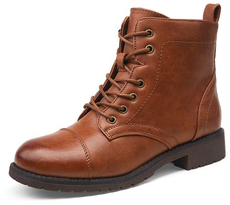 Tianek Fashion Casual Warm Lace Up Short Ankle Flat Leather Brown Boots For Women Clearance