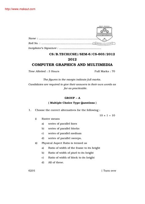 Btech Cse 6 Sem Computer Graphics And Multimedia 2012 6201 Turn