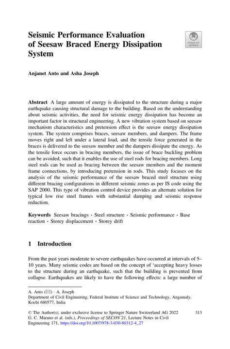 Pdf Seismic Performance Evaluation Of Seesaw Braced Energy Dissipation System