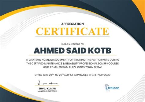 Certificate For Appreciation For Conducting The Cmrp Course Ahmed Said Kotb Pdf