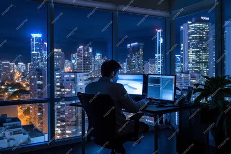 Premium Ai Image A Person Sitting At A Desk In Front Of A Large Window With City Lights In The