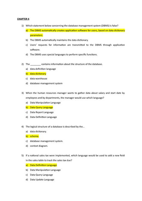 Ais615 Chapter 4 Exercises Chapter 4 Which Statement Below Concerning The Database