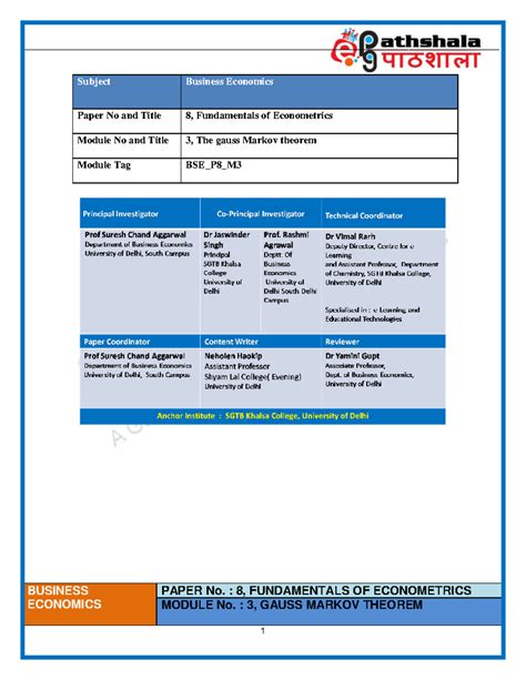 The Gauss Markov Theorem Business Economics Paper No 8