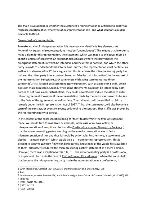 Contract Law Misrepresentation Elements And Problem Question The