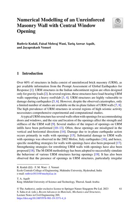PDF Numerical Modelling Of An Unreinforced Masonry Wall With Central Window Opening