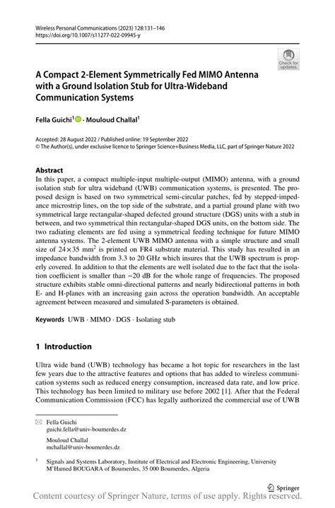A Compact 2 Element Symmetrically Fed Mimo Antenna With A Ground Isolation Stub For Ultra