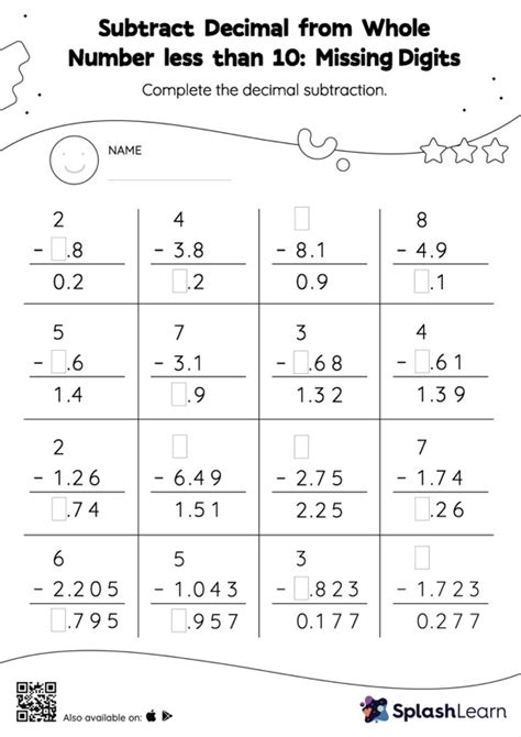 Subtract Decimal From Whole Number Less Than 10 Missing Digits Worksheet Printable Maths Sheet