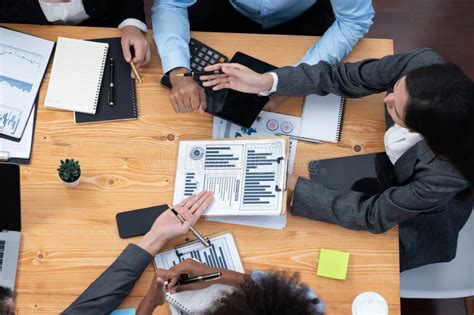 Top View Multiracial Analyst Team Use Bi Dashboard For Data Analysis