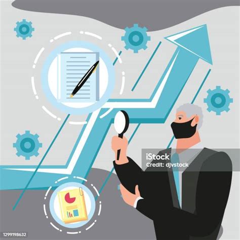 사업가는 마스크를 착용하고 비즈니스 성장 아이디어를 분석 계획에 대한 스톡 벡터 아트 및 기타 이미지 계획 개선 검색