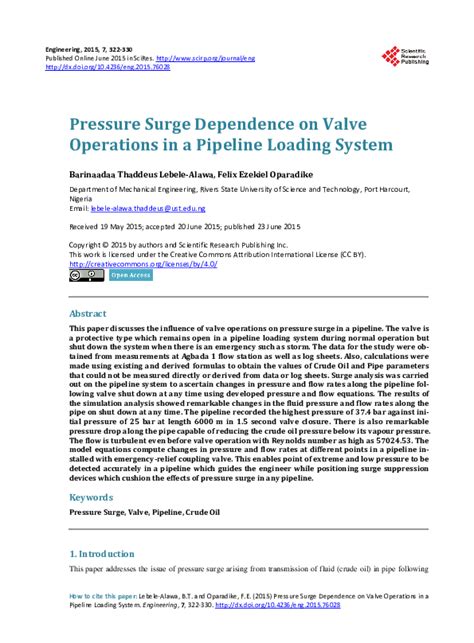 pdf pressure surge dependence on valve operations in a pipeline