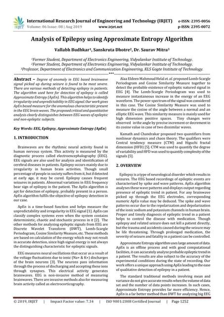 Irjet Analysis Of Epilepsy Using Approximate Entropy Algorithm Pdf