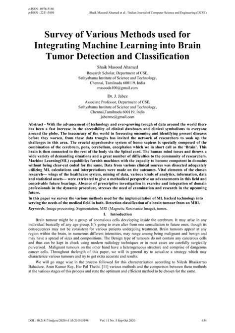 Survey Of Various Methods Used For Integrating Machine Learning Into Brain Tumor Detection And