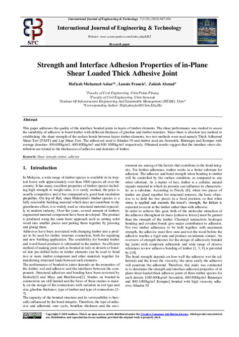 Pdf Strength And Interface Adhesion Properties Of In Plane Shear Loaded Thick Adhesive Joint