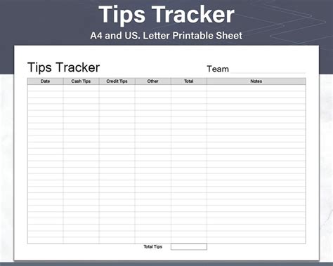 Server Tips Tracker, Printable Simple Tips Record for Bars, Restaurants or Service Workers ...